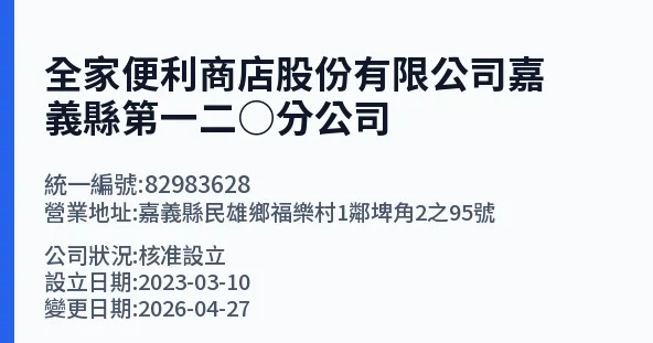 全家便利商店股份有限公司嘉義縣第一二○分公司的照片-統編 82983628(嘉義縣) 公司登記資料與營業項目詳細圖表