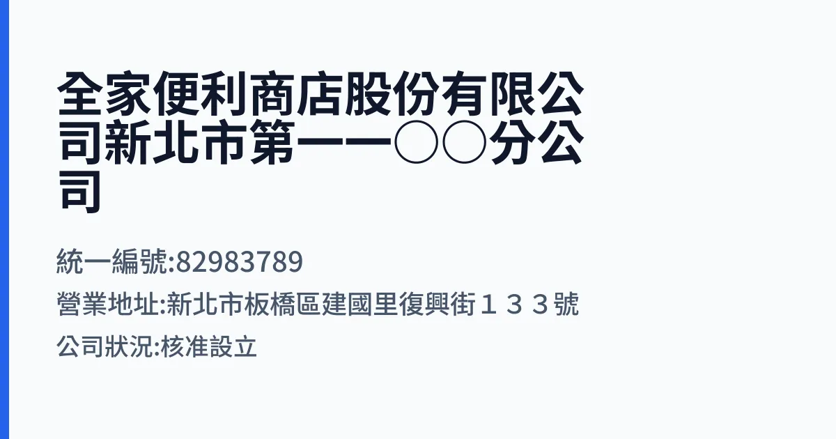 全家便利商店股份有限公司新北市第一一○○分公司 - 統編 82983789(新北市) 公司登記資料與營業項目詳細圖表