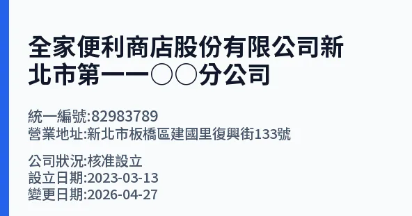 全家便利商店股份有限公司新北市第一一○○分公司的照片-統編 82983789(新北市) 公司登記資料與營業項目詳細圖表