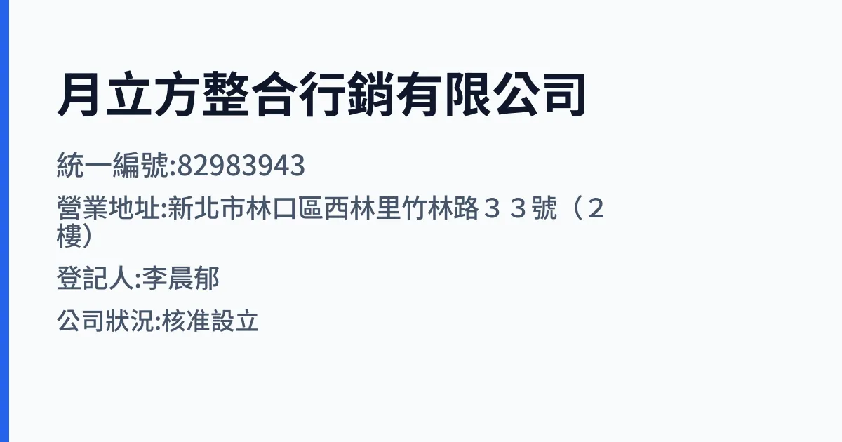 月立方整合行銷有限公司 - 統編 82983943(新北市) 公司登記資料與營業項目詳細圖表