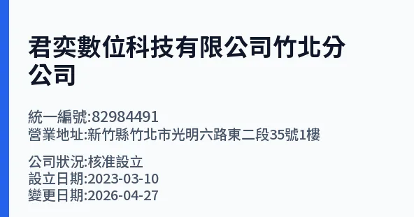 君奕數位科技有限公司竹北分公司的照片-統編 82984491(新竹縣) 公司登記資料與營業項目詳細圖表