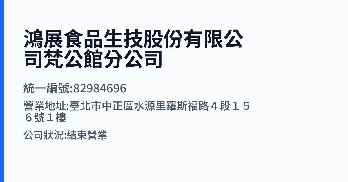 鴻展食品生技股份有限公司梵公館分公司 - 統編 82984696(臺北市) 公司登記資料與營業項目詳細圖表
