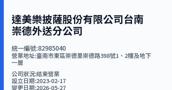 達美樂披薩股份有限公司台南崇德外送分公司的照片-統編 82985040(臺南市) 公司登記資料與營業項目詳細圖表
