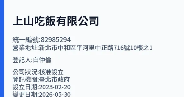 上山吃飯有限公司的照片-統編 82985294(新北市) 公司登記資料與營業項目詳細圖表