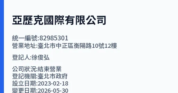 亞歷克國際有限公司的照片-統編 82985301(臺北市) 公司登記資料與營業項目詳細圖表