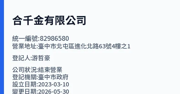 合千金有限公司的照片-統編 82986580(臺中市) 公司登記資料與營業項目詳細圖表