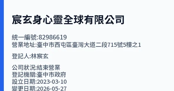 宸玄身心靈全球有限公司的照片-統編 82986619(臺中市) 公司登記資料與營業項目詳細圖表
