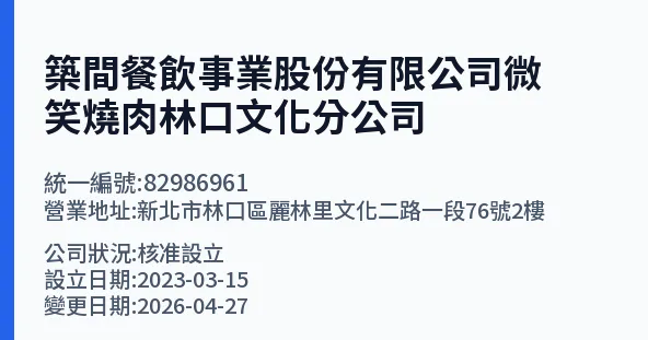 築間餐飲事業股份有限公司微笑燒肉林口文化分公司的照片-統編 82986961(新北市) 公司登記資料與營業項目詳細圖表