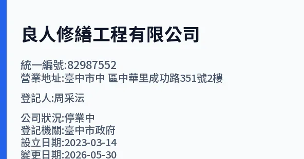 良人修繕工程有限公司的照片-統編 82987552(臺中市) 公司登記資料與營業項目詳細圖表