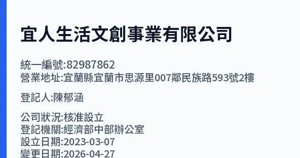 宜人生活文創事業有限公司的照片-統編 82987862(宜蘭縣) 公司登記資料與營業項目詳細圖表