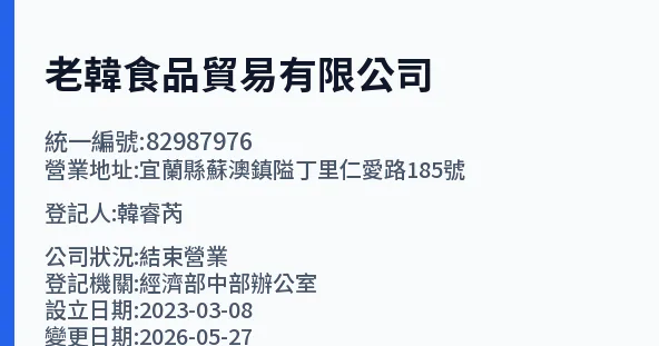 老韓食品貿易有限公司的照片-統編 82987976(宜蘭縣) 公司登記資料與營業項目詳細圖表