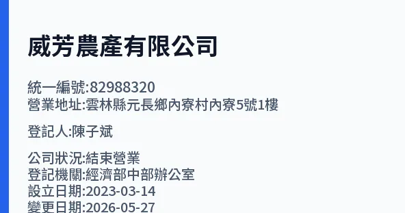 威芳農產有限公司的照片-統編 82988320(雲林縣) 公司登記資料與營業項目詳細圖表
