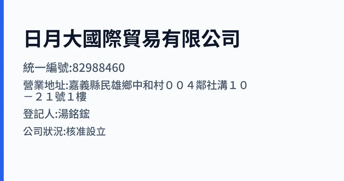 日月大國際貿易有限公司 - 統編 82988460(嘉義縣) 公司登記資料與營業項目詳細圖表