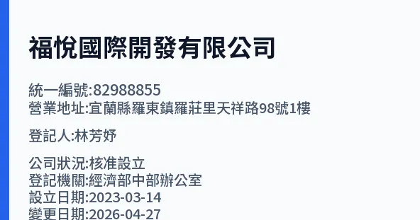 福悅國際開發有限公司的照片-統編 82988855(宜蘭縣) 公司登記資料與營業項目詳細圖表