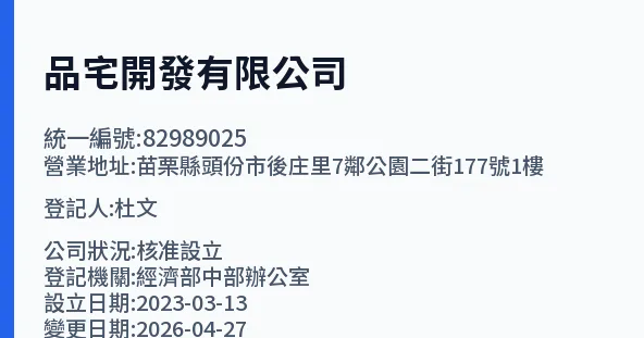 品宅開發有限公司的照片-統編 82989025(苗栗縣) 公司登記資料與營業項目詳細圖表