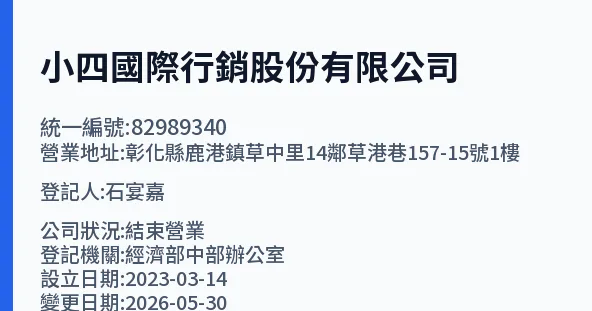 小四國際行銷股份有限公司的照片-統編 82989340(彰化縣) 公司登記資料與營業項目詳細圖表