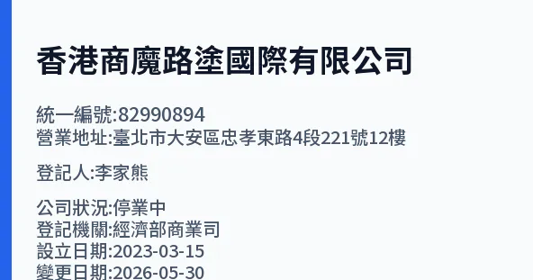 香港商魔路塗國際有限公司的照片-統編 82990894(臺北市) 公司登記資料與營業項目詳細圖表
