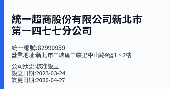統一超商股份有限公司新北市第一四七七分公司的照片-統編 82990959(新北市) 公司登記資料與營業項目詳細圖表