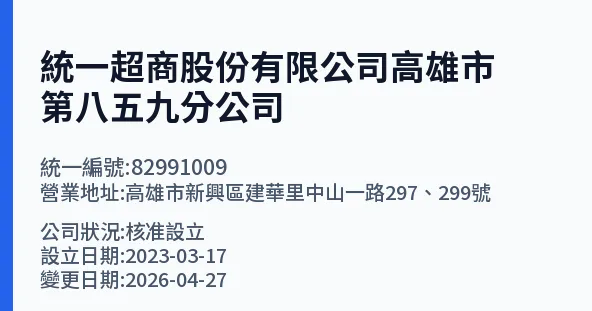 統一超商股份有限公司高雄市第八五九分公司的照片-統編 82991009(高雄市) 公司登記資料與營業項目詳細圖表