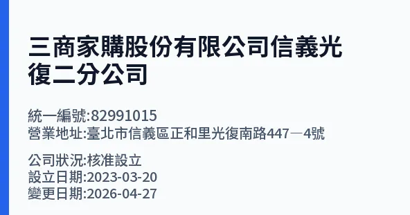 三商家購股份有限公司信義光復二分公司的照片-統編 82991015(臺北市) 公司登記資料與營業項目詳細圖表
