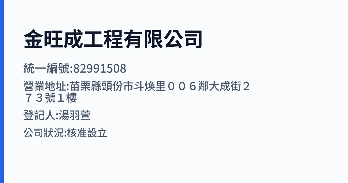 金旺成工程有限公司 - 統編 82991508(桃園市) 公司登記資料與營業項目詳細圖表