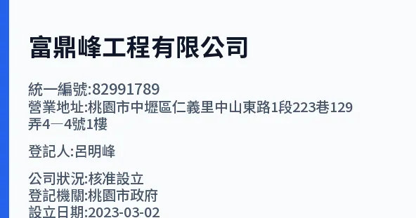 富鼎峰工程有限公司的照片-統編 82991789(桃園市) 公司登記資料與營業項目詳細圖表