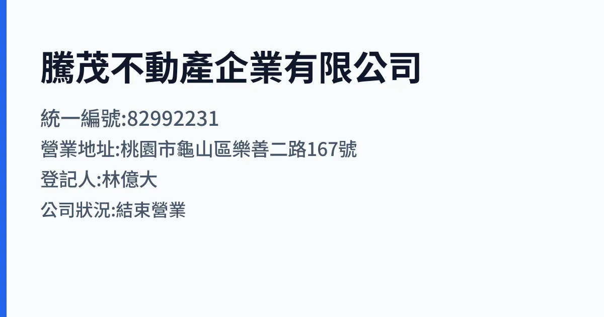 騰茂不動產企業有限公司 - 統編 82992231(桃園市) 公司登記資料與營業項目詳細圖表