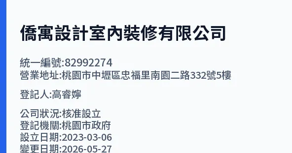 僑寓設計室內裝修有限公司的照片-統編 82992274(桃園市) 公司登記資料與營業項目詳細圖表