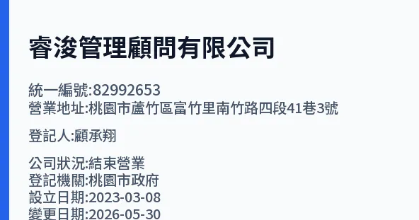 睿浚管理顧問有限公司的照片-統編 82992653(桃園市) 公司登記資料與營業項目詳細圖表