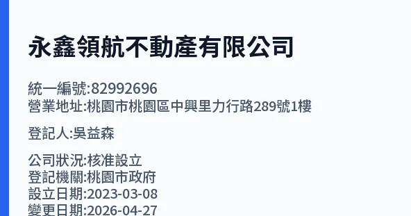 永鑫領航不動產有限公司的照片-統編 82992696(桃園市) 公司登記資料與營業項目詳細圖表