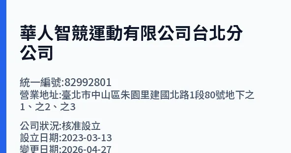華人智競運動有限公司台北分公司的照片-統編 82992801(臺北市) 公司登記資料與營業項目詳細圖表