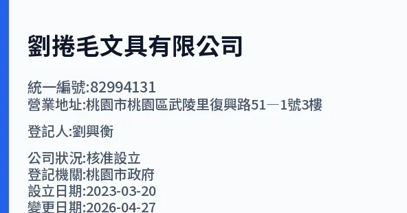 劉捲毛文具有限公司的照片-統編 82994131(桃園市) 公司登記資料與營業項目詳細圖表