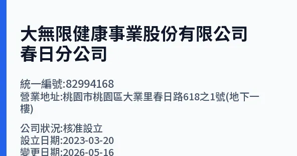 大無限健康事業股份有限公司春日分公司的照片-統編 82994168(桃園市) 公司登記資料與營業項目詳細圖表