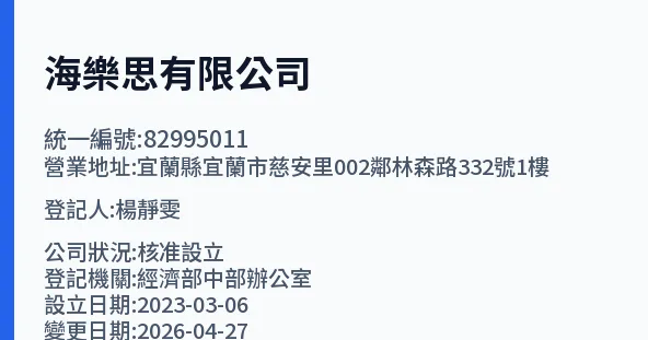 海樂思有限公司的照片-統編 82995011(宜蘭縣) 公司登記資料與營業項目詳細圖表