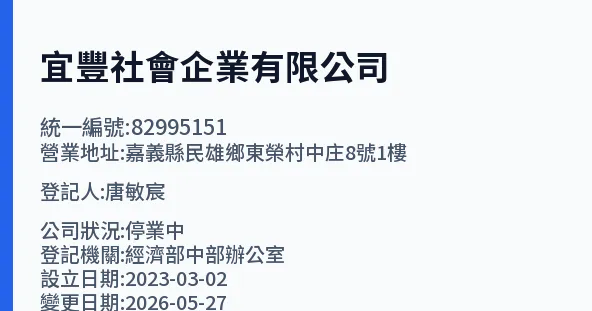 宜豐社會企業有限公司的照片-統編 82995151(嘉義縣) 公司登記資料與營業項目詳細圖表