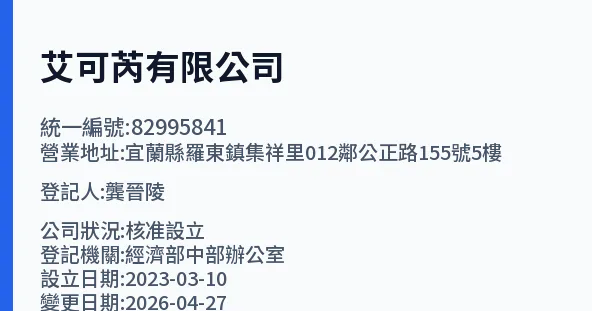 艾可芮有限公司的照片-統編 82995841(宜蘭縣) 公司登記資料與營業項目詳細圖表