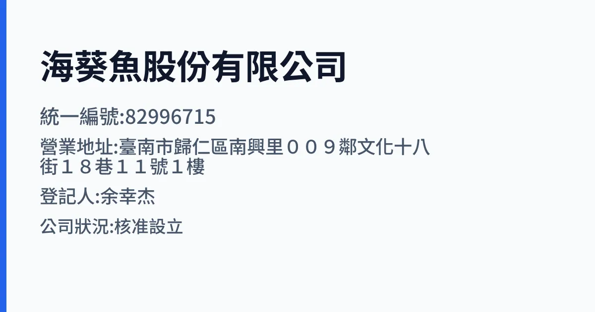 海葵魚股份有限公司 - 統編 82996715(臺南市) 公司登記資料與營業項目詳細圖表