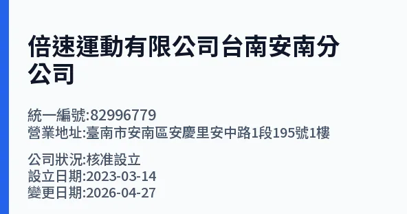 倍速運動有限公司台南安南分公司的照片-統編 82996779(臺南市) 公司登記資料與營業項目詳細圖表
