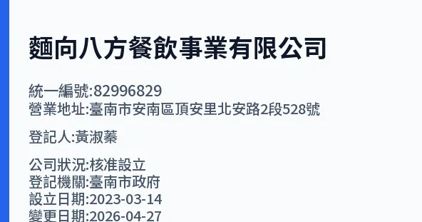 麵向八方餐飲事業有限公司的照片-統編 82996829(臺南市) 公司登記資料與營業項目詳細圖表