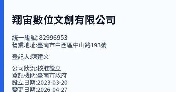 翔宙數位文創有限公司的照片-統編 82996953(臺南市) 公司登記資料與營業項目詳細圖表
