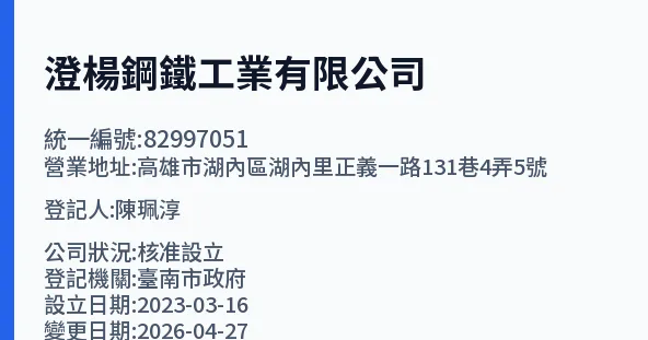 澄楊鋼鐵工業有限公司的照片-統編 82997051(高雄市) 公司登記資料與營業項目詳細圖表