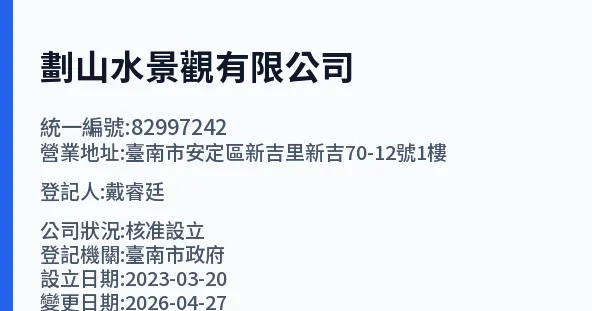 劃山水景觀有限公司的照片-統編 82997242(臺南市) 公司登記資料與營業項目詳細圖表