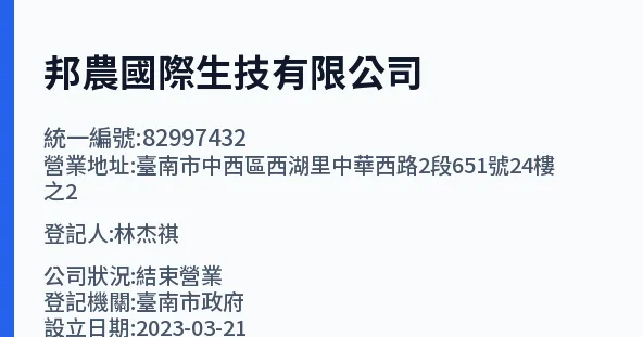 邦農國際生技有限公司的照片-統編 82997432(臺南市) 公司登記資料與營業項目詳細圖表