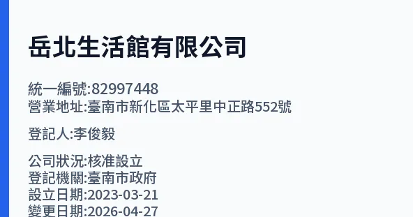 岳北生活館有限公司的照片-統編 82997448(臺南市) 公司登記資料與營業項目詳細圖表