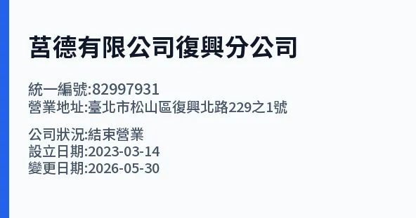 莒德有限公司復興分公司的照片-統編 82997931(臺北市) 公司登記資料與營業項目詳細圖表