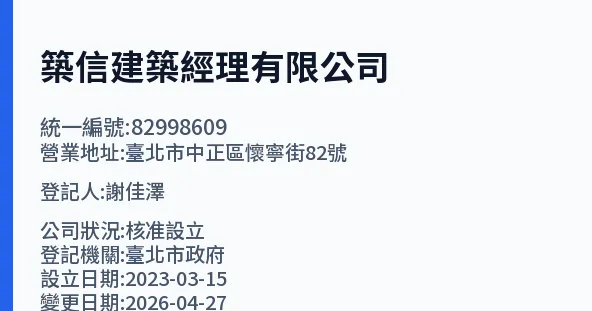 築信建築經理有限公司的照片-統編 82998609(臺北市) 公司登記資料與營業項目詳細圖表