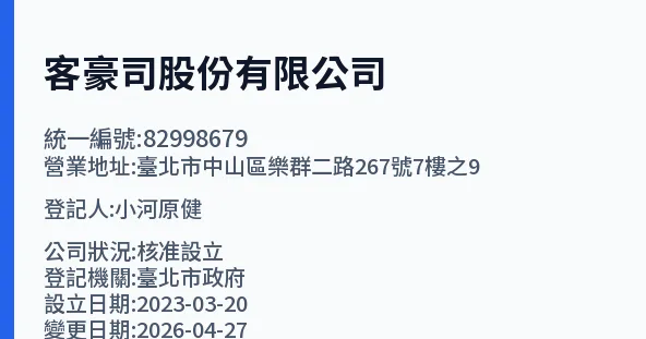客豪司股份有限公司的照片-統編 82998679(臺北市) 公司登記資料與營業項目詳細圖表
