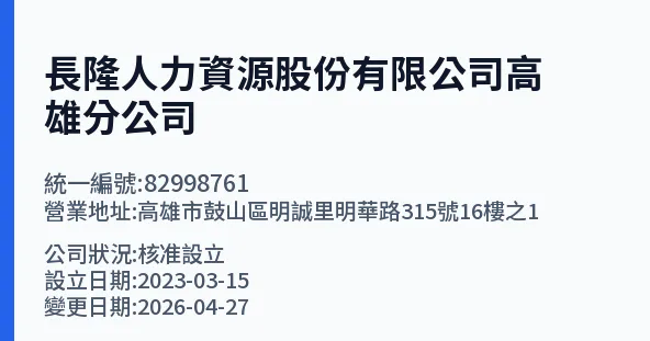長隆人力資源股份有限公司高雄分公司的照片-統編 82998761(高雄市) 公司登記資料與營業項目詳細圖表