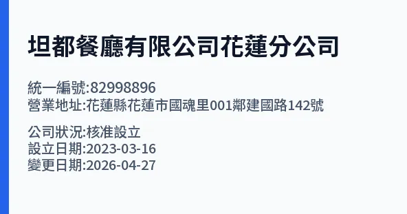 坦都餐廳有限公司花蓮分公司的照片-統編 82998896(花蓮縣) 公司登記資料與營業項目詳細圖表