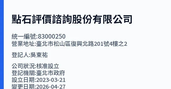 點石評價諮詢股份有限公司的照片-統編 83000250(臺北市) 公司登記資料與營業項目詳細圖表